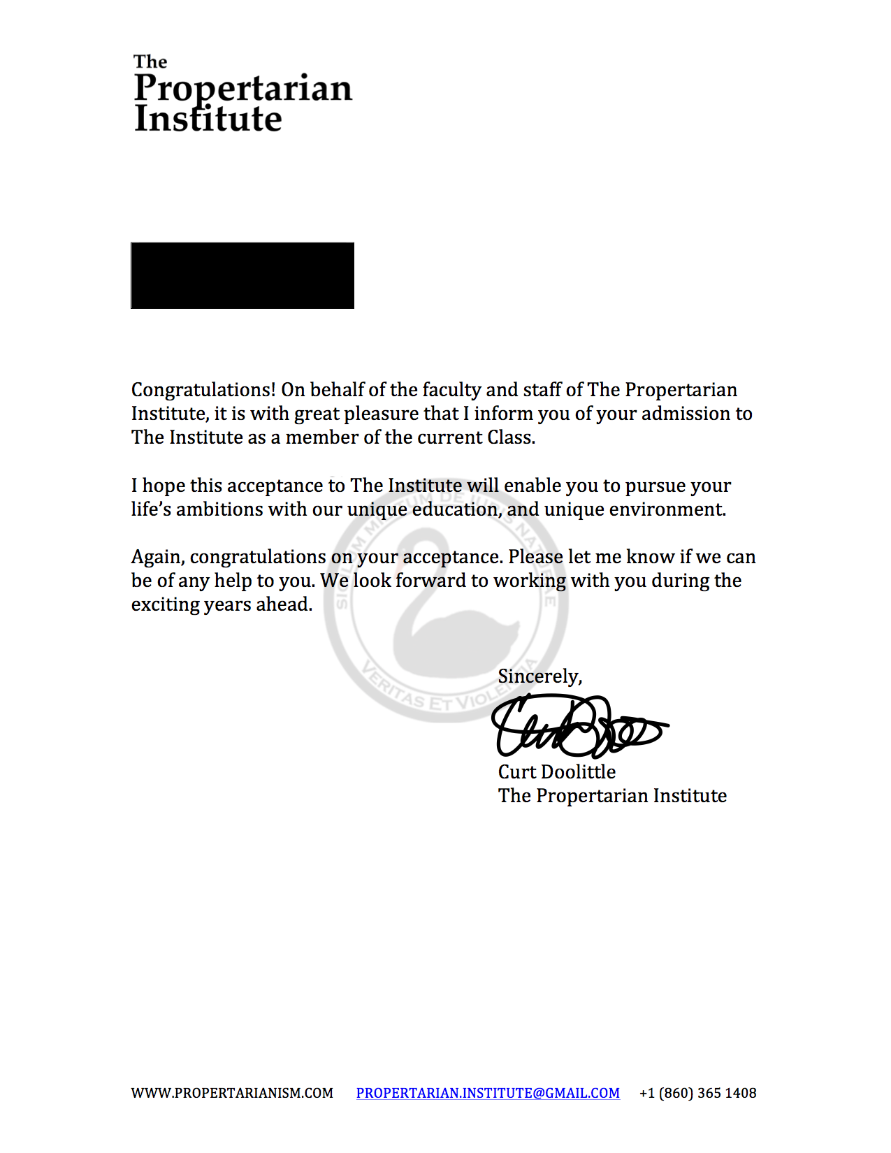 PI Acceptance Letter – Congratulations – The Natural Law Institute